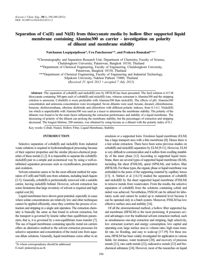 Separation of Co (II) and Ni (II) From Thiocyanate Media by Hollow Fiber Supported Liquid | PDF ...