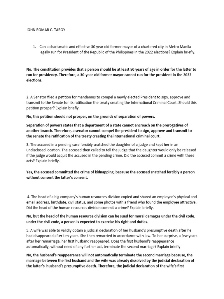 John Romar C. Taroy (Bar Methods and Techniques | PDF | Marriage | Ratification