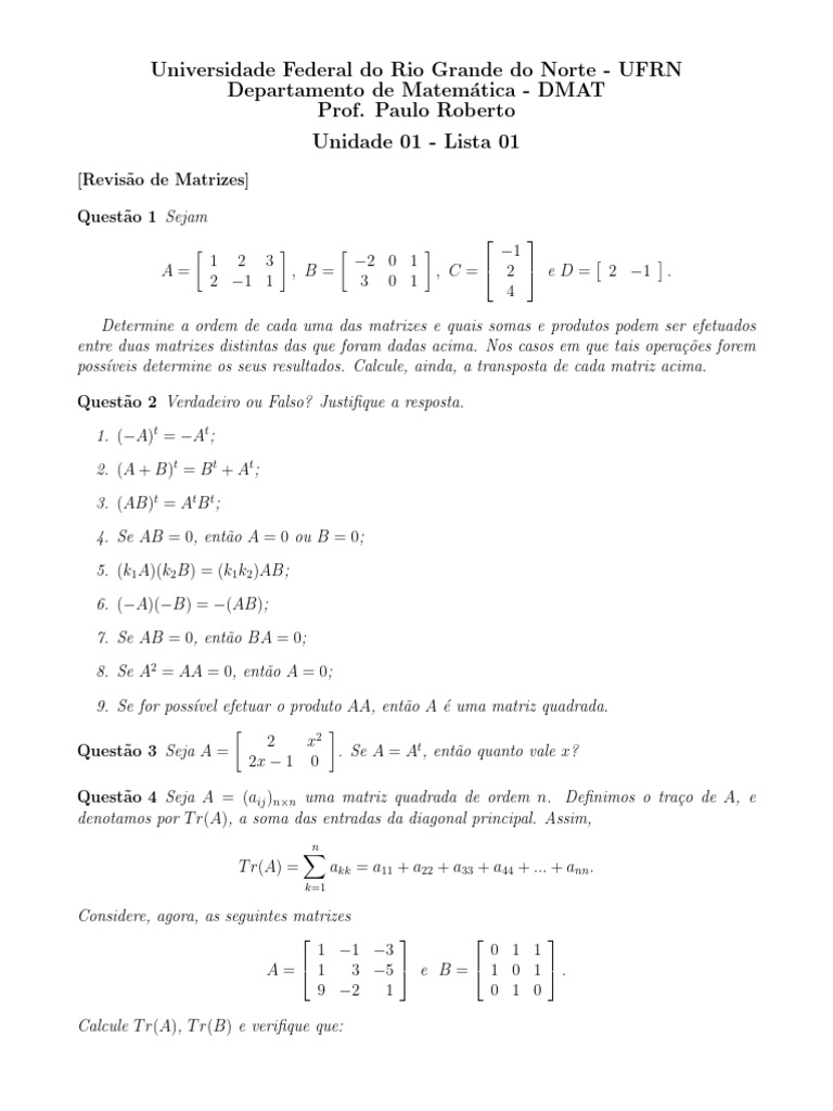 Unidade 1 - Lista 01 - Algebra Linear - Matrizes e Sistemas Lineares | PDF | Matriz (Matemática ...