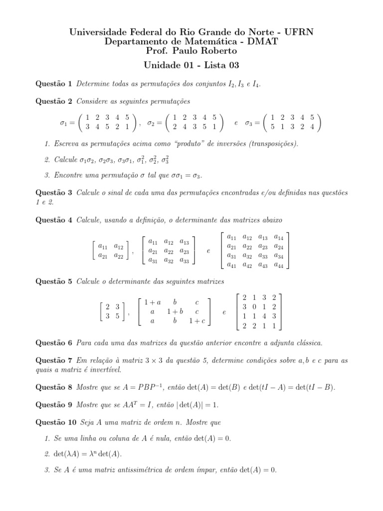 Unidade 1 - Lista 03 - Algebra Linear - Determinantes | PDF ...