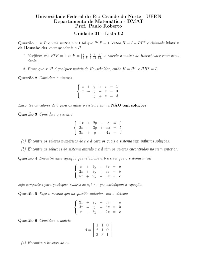 Unidade 1 - Lista 02 - Algebra Linear - Matrizes e Sistemas Lineares ...