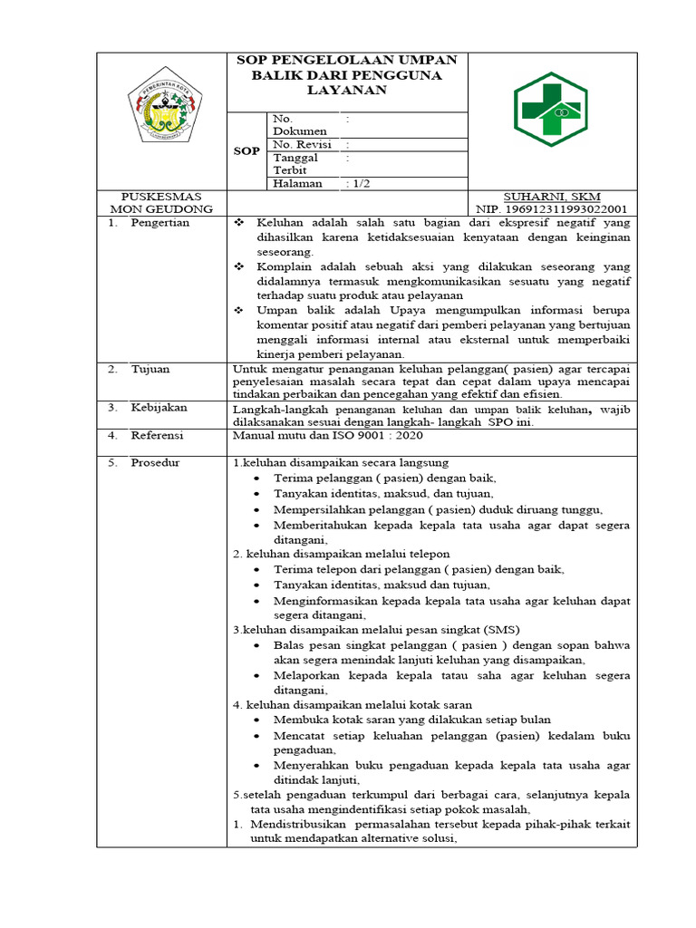 Sop Pengelolaan Umpan Balik Dari Pengguna Layanan | PDF