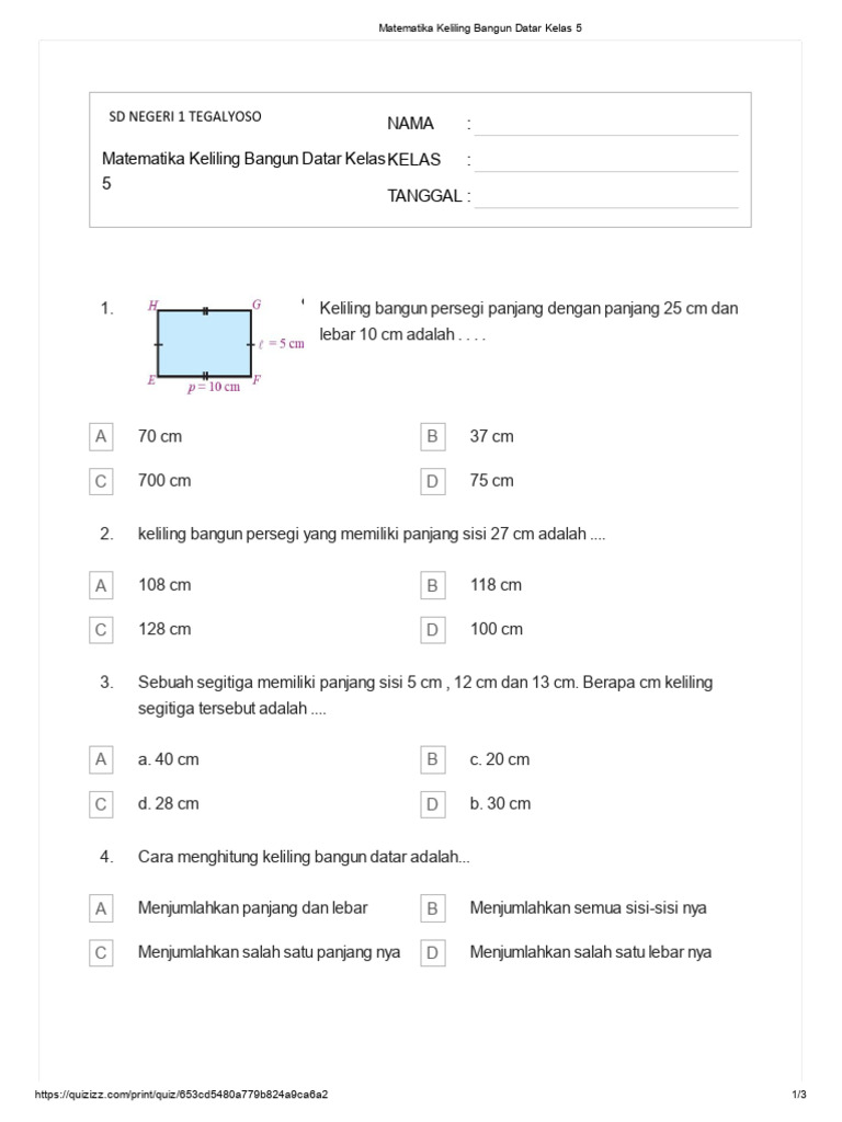 Matematika Keliling Bangun Datar Kelas 5 | PDF | Griya & Taman