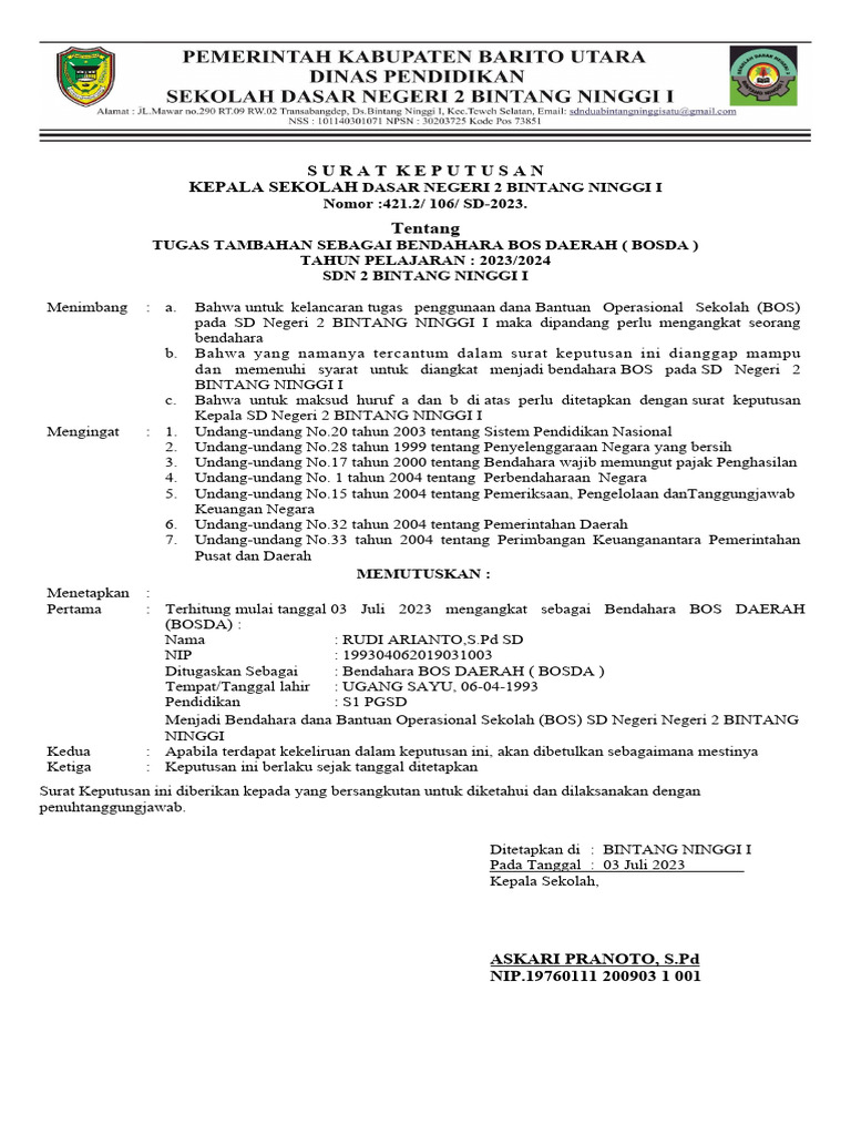 SK Bendahara BOSDA SDN 2 Bintang Ninggi I | PDF
