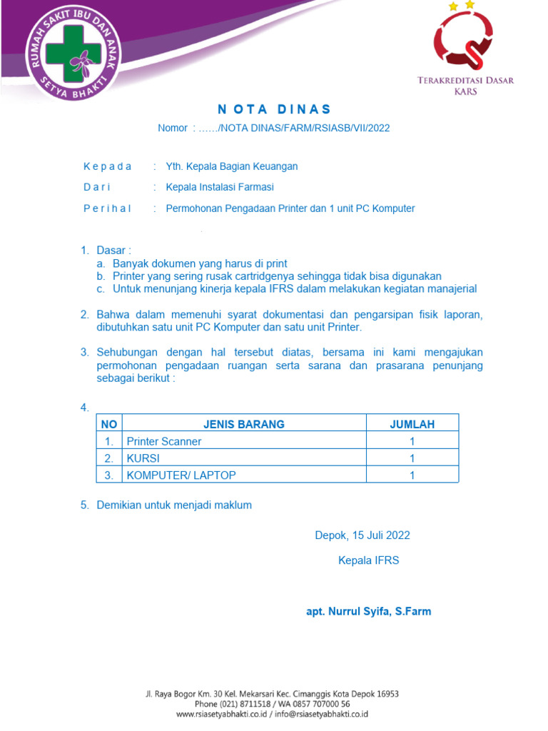 Nota Dinas Permintaan Printer | PDF
