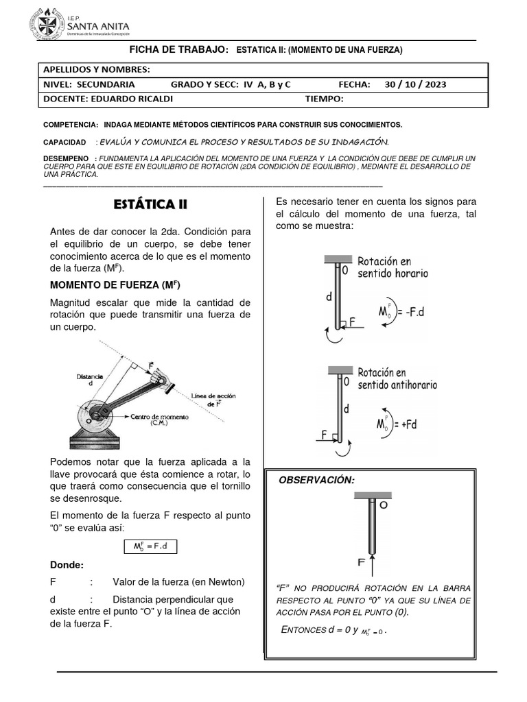 22 Ava Ficha Virtual 4to Sec (Estatica II - Momento de Una Fuerza) | PDF | Fuerza | Esfuerzo de ...