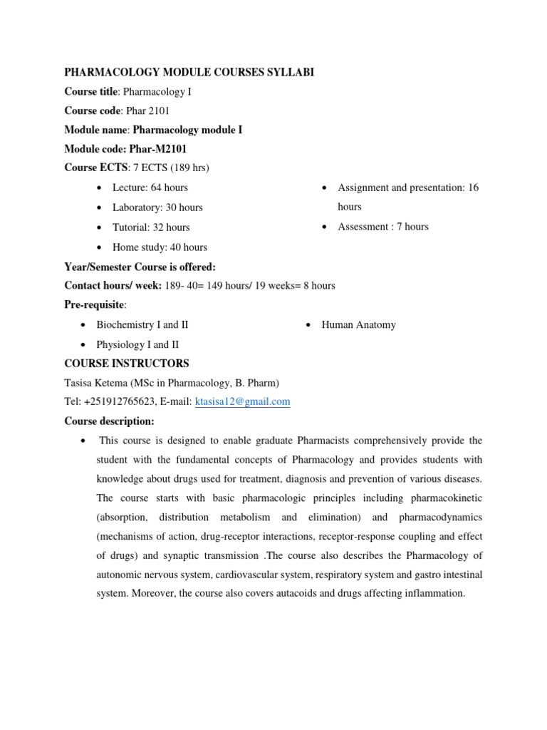 Pharmacology I Course Syllabus | PDF | Pharmacology | Biochemistry