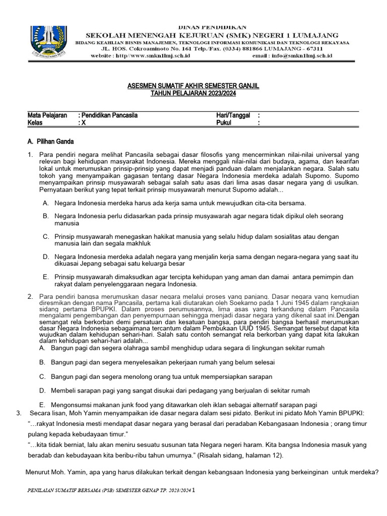 Naskah Soal Fase e Pancasila Dan Uud 1945 | PDF