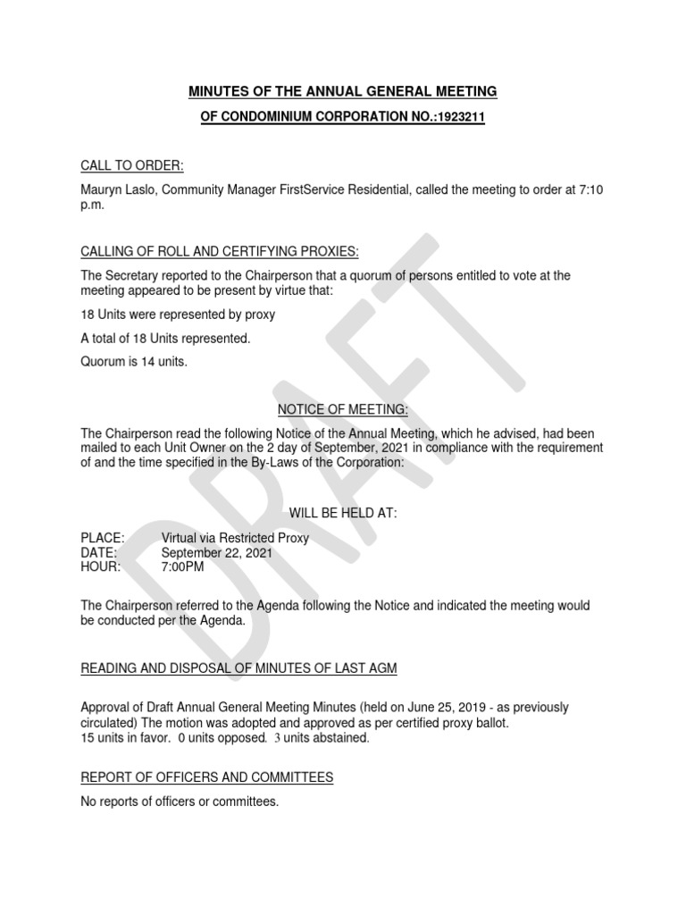 The Garneau - 2021 AGM Minutes - DRAFT | PDF | Proxy Voting | Board Of ...