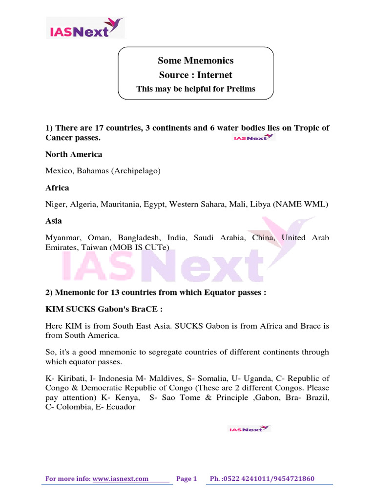 Mnemonics for Countries by Latitude | PDF | Africa | Asia