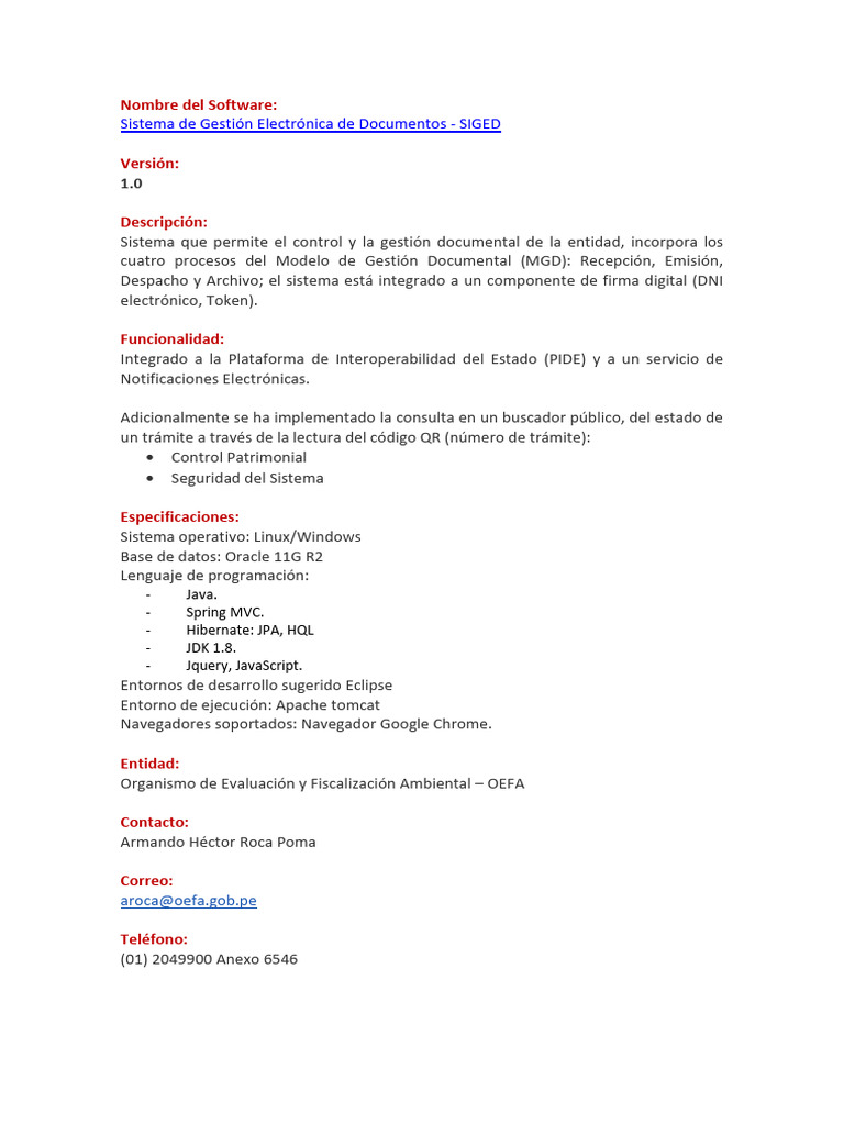 Sistema SIGED 1.0 de OEFA | PDF | Informática | Tecnología
