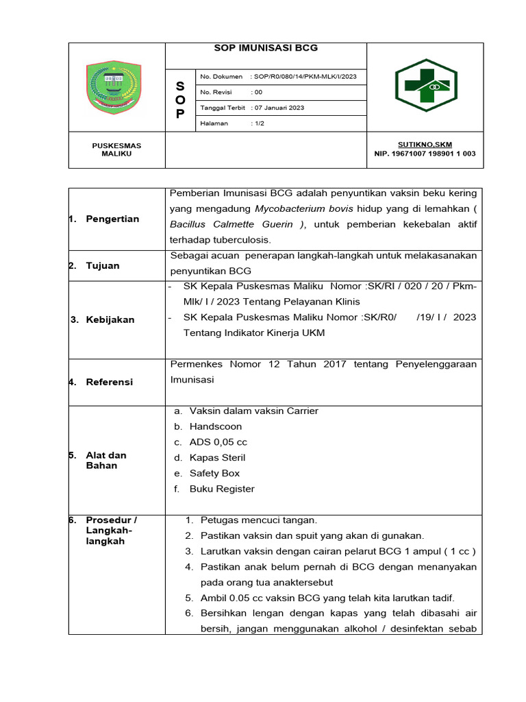 SOP Imunisasi BCG | PDF