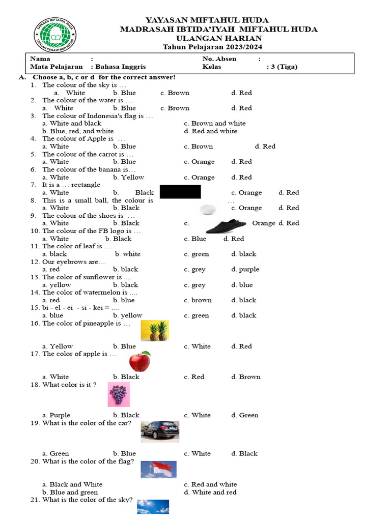 Soal Bahasa Inggris Bab Colors Kelas 3 2324 | PDF | Color | Red