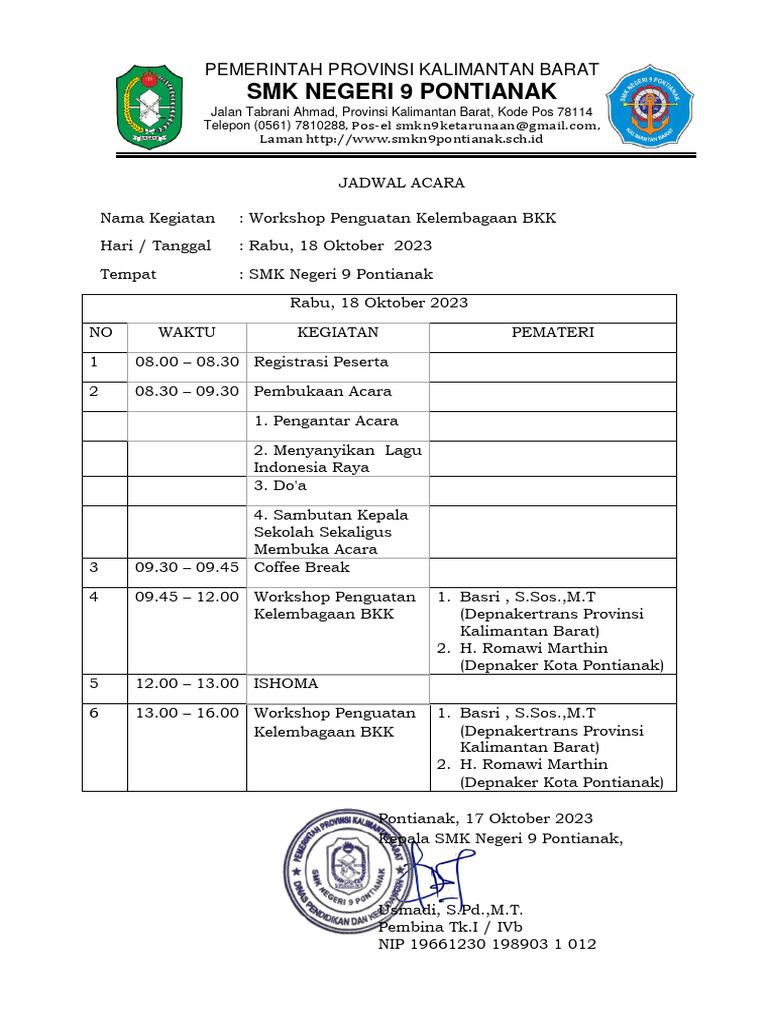 Jadwal Acara Workshop Penguatan Kelembagaan BKK | PDF