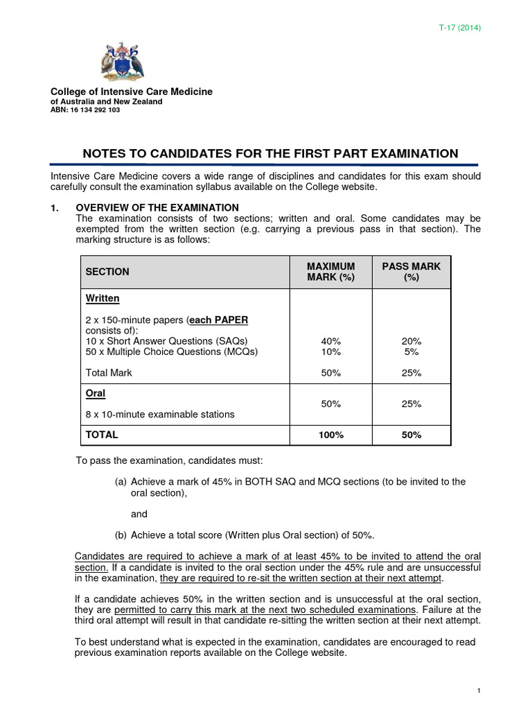 CICM Primary Exam Guidelines | PDF | Multiple Choice