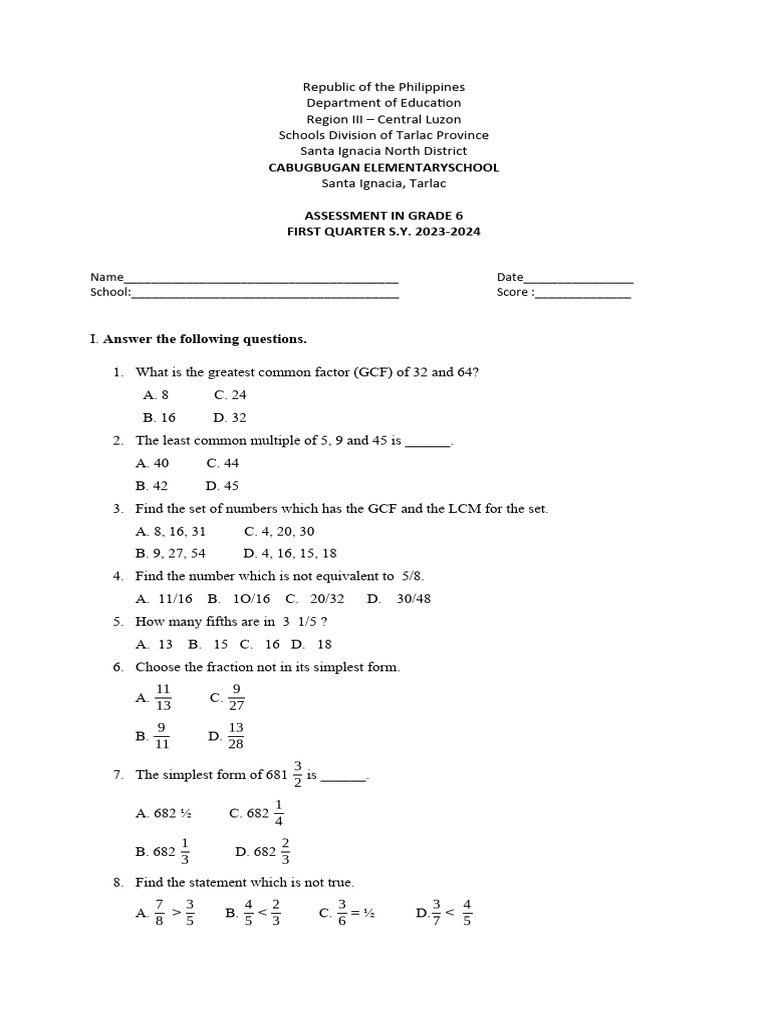 PT - Mathematics 6 - Q1 V3 | PDF | Algebra | Discrete Mathematics