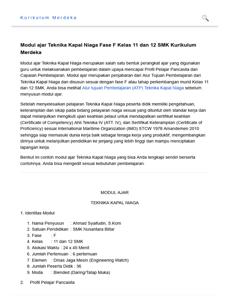 Modul Ajar Teknika Kapal Niaga 1 | PDF