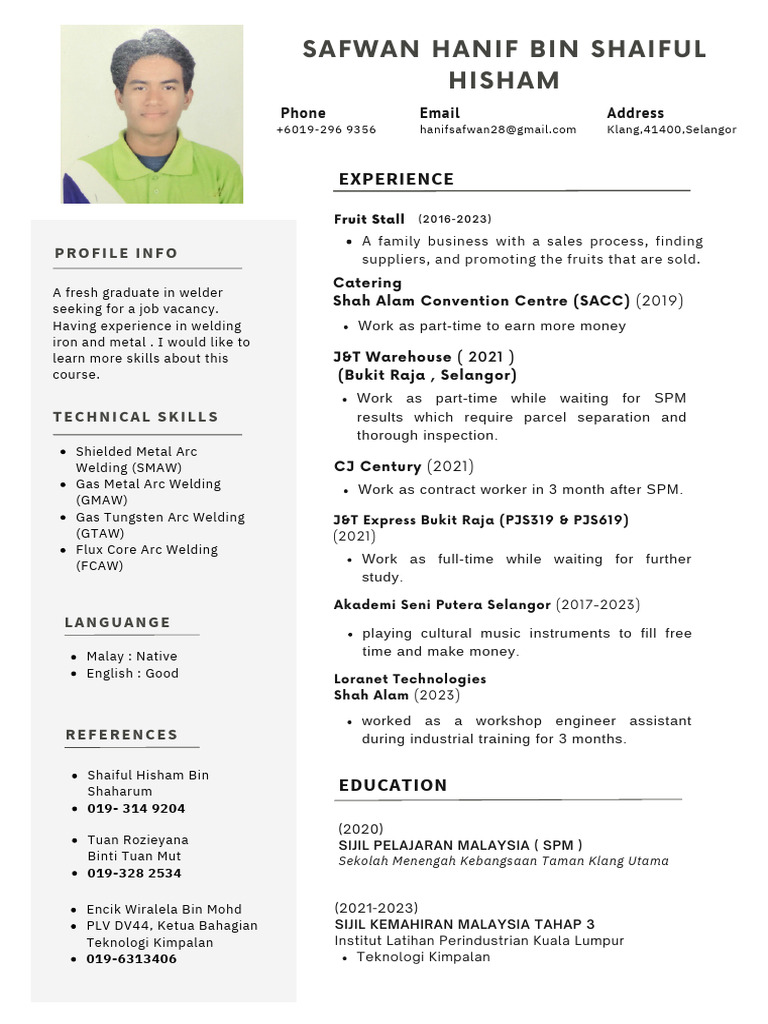 Resume Safwan Hanif Bin Shaiful Hisham | PDF | Construction | Welding