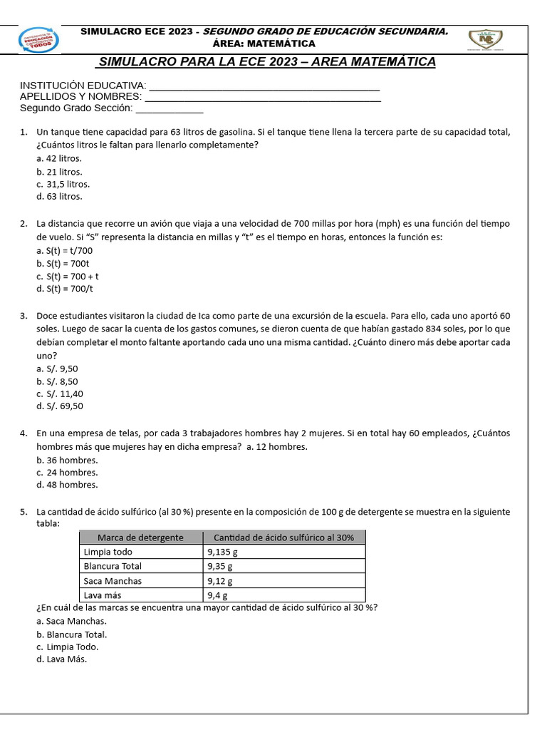 Simulacro Ece 2 de Secundaria 2023 | PDF | Métodos y materiales de enseñanza | Hogar, jardinería ...