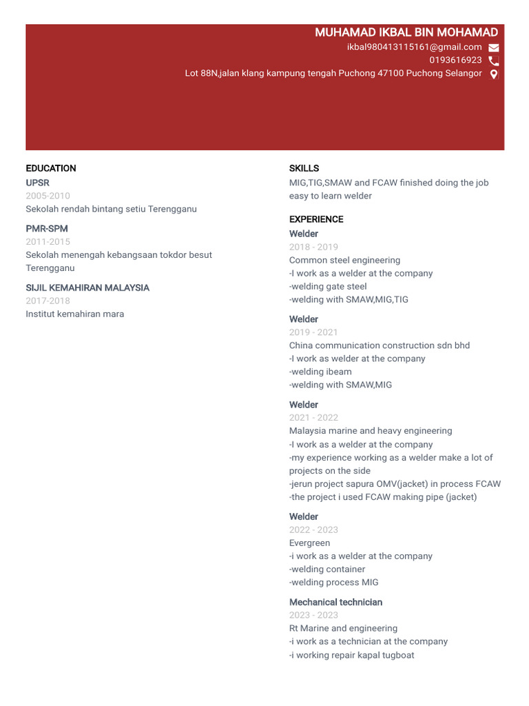 Resume MUHAMADIkbal | PDF | Mechanical Engineering | Joining