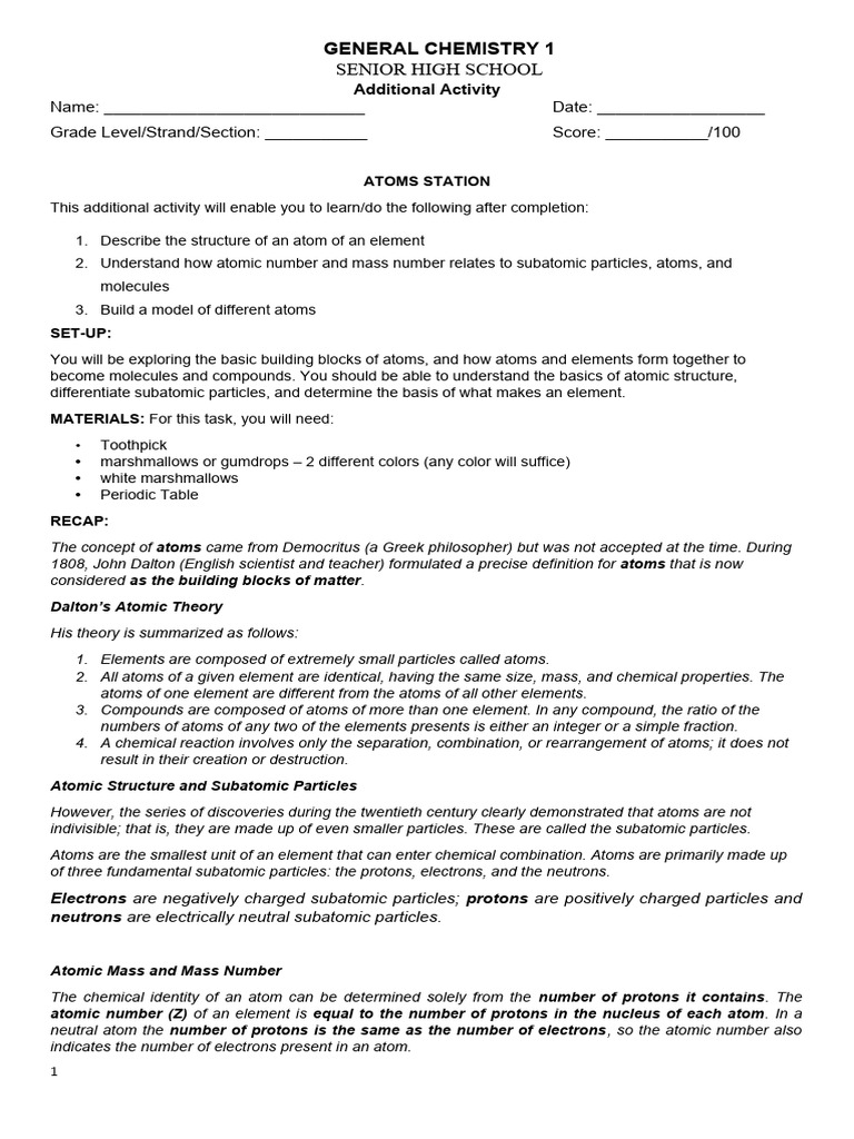 Chemistry 1 - Additional Activity | PDF | Atoms | Proton