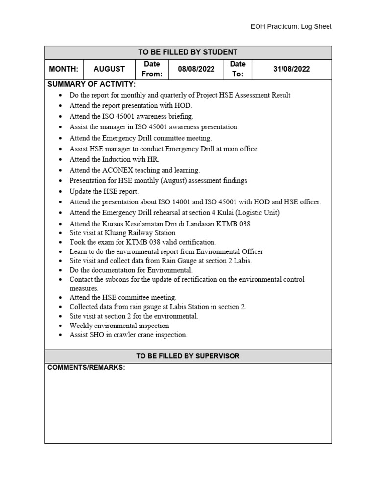 04 - 01 Daily & Weekly LOG | PDF | Environmental Impact Assessment
