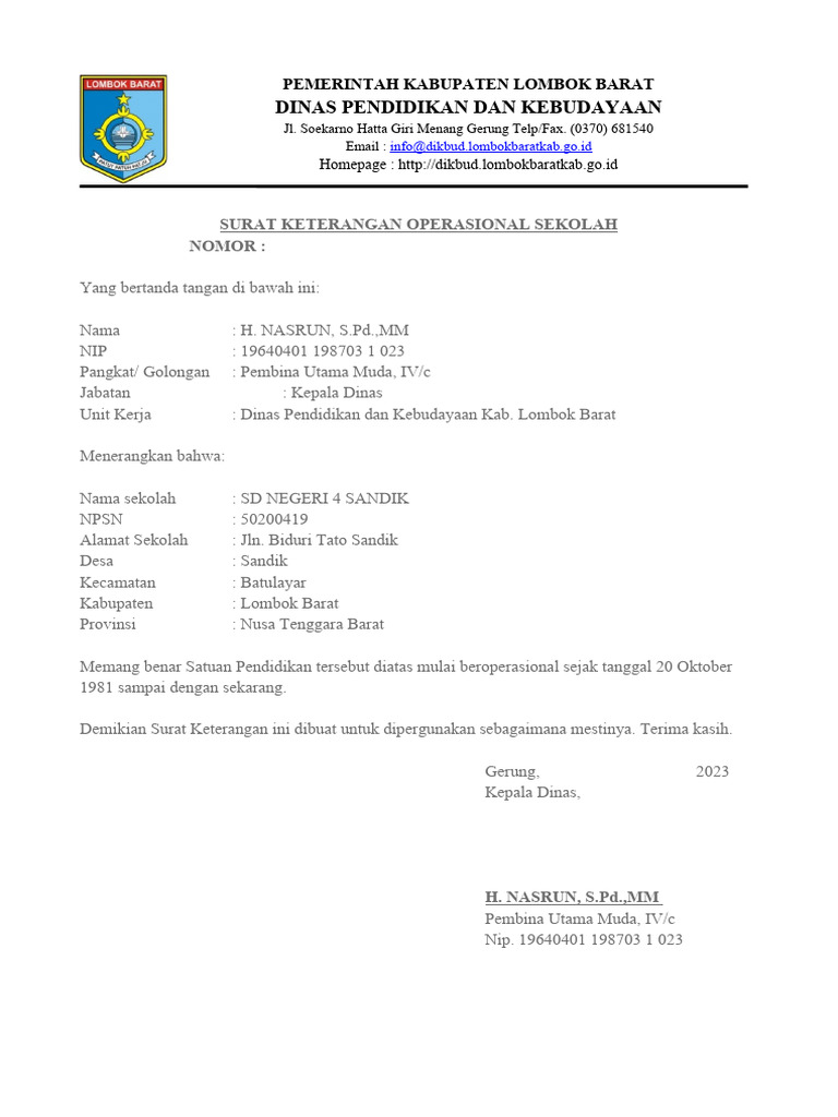 surat operasional sekolah | PDF