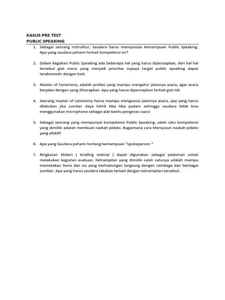 Pre-Test Kompetensi Public Speaking | PDF