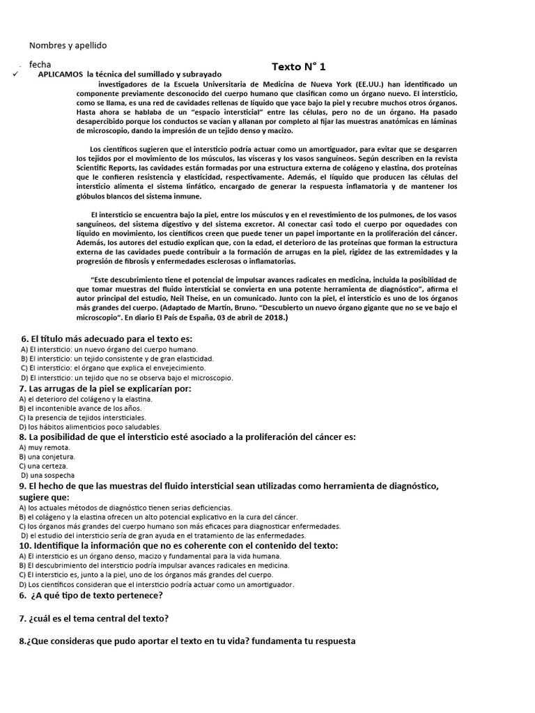 Ficha de 3 Ro de Subrayado y Sumillado | PDF | Anatomía | Especialidades Medicas