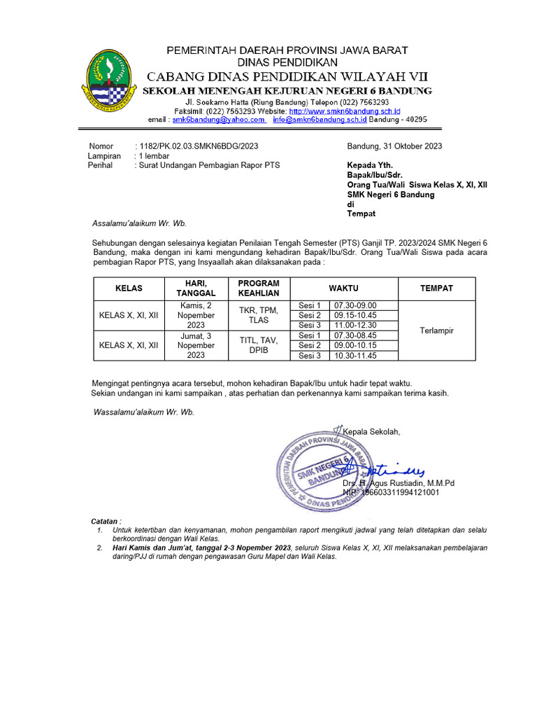 Undangan Pembagian Rapor PTS Ganjil 2023-2024 | PDF