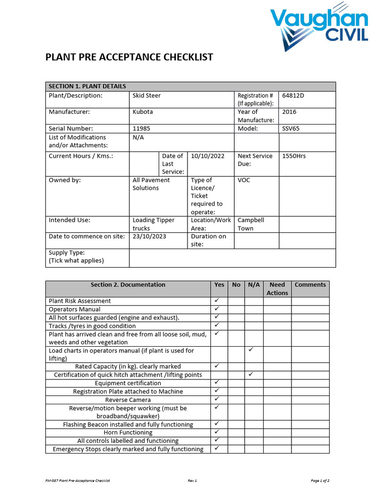 FM-087 Plant Pre Acceptance Checklist - APS042 Skid Steer | PDF | Crane ...