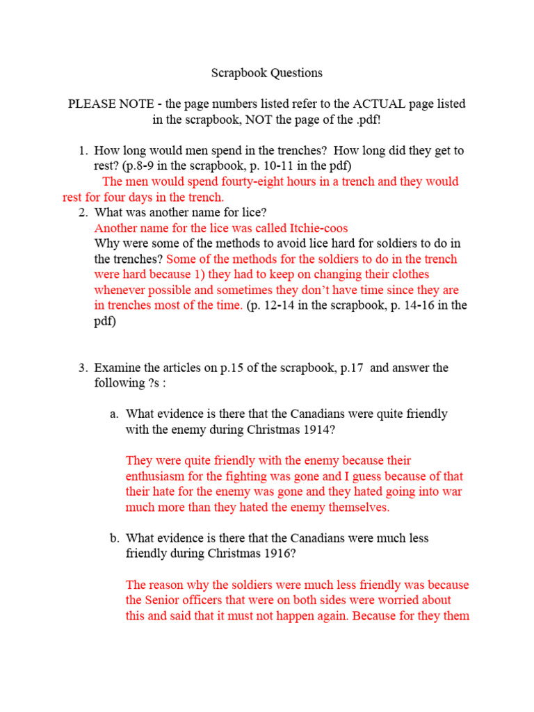 World War 1 Scrapbook Questions | PDF