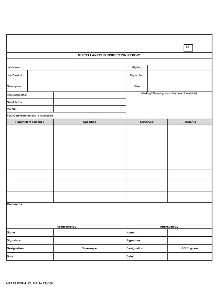 FM-114 MISCELLANEOUS INSPECTION REPORT Rev 0 | PDF