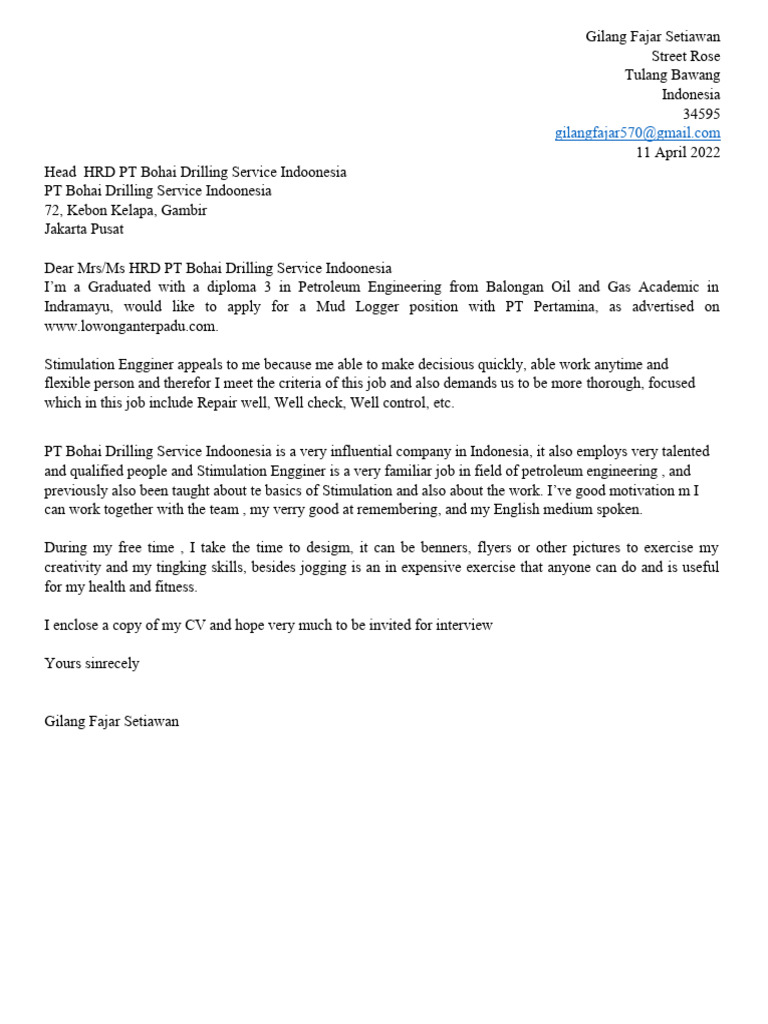 Mud Logger Job Application Letter | PDF