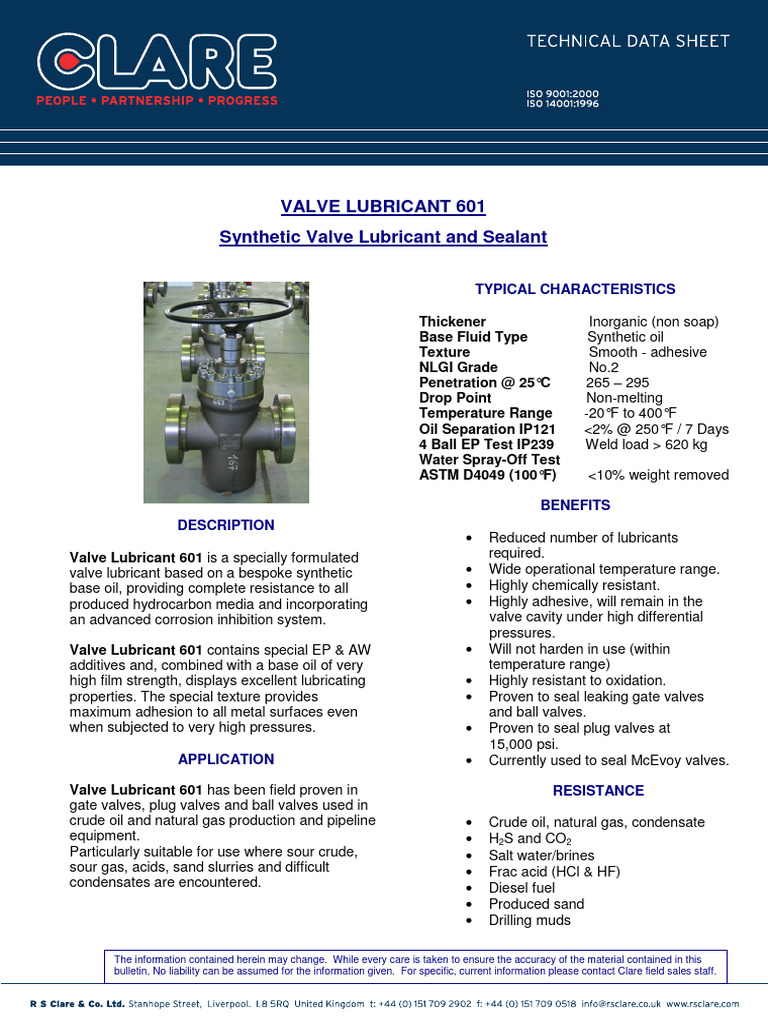 Valve Lubricant 601 - Tech Data Sheet (2015) | PDF | Lubricant | Soft ...