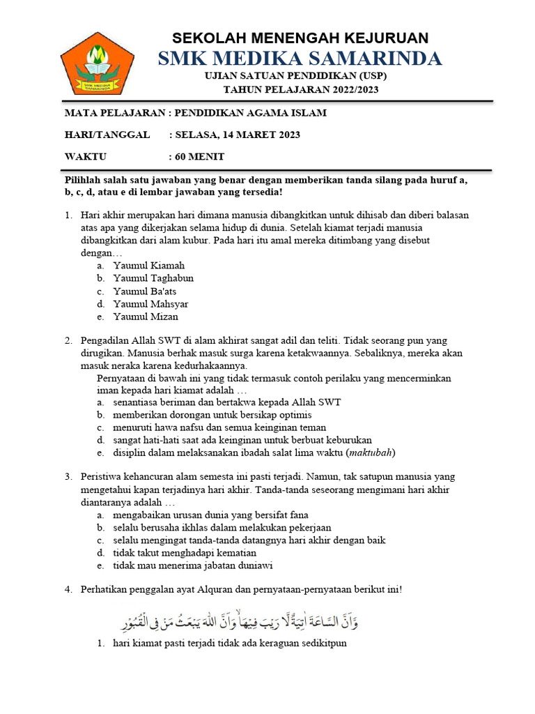 Ujian Agama Islam SMK Medika | PDF