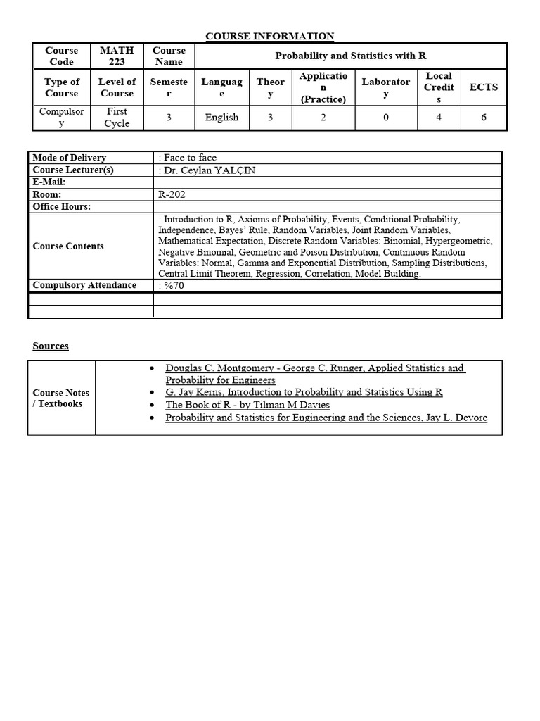 MAT 223 - Syllabus | PDF | Probability Distribution | Statistics