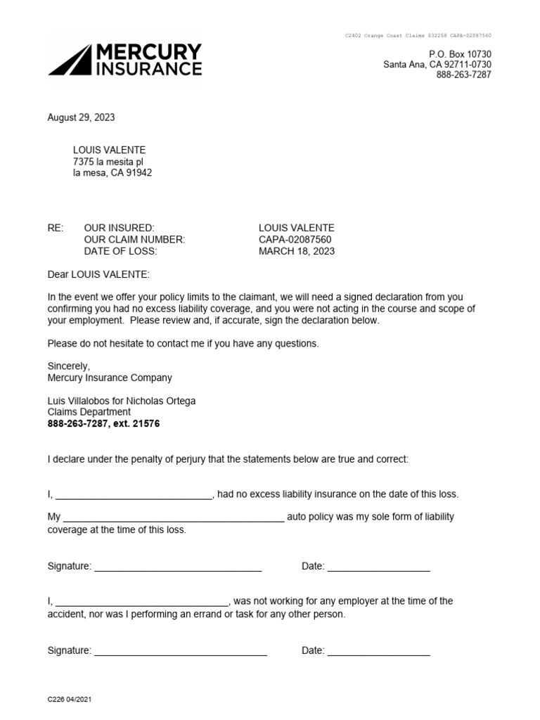 Mercury Insurance Claim Declaration Form | PDF