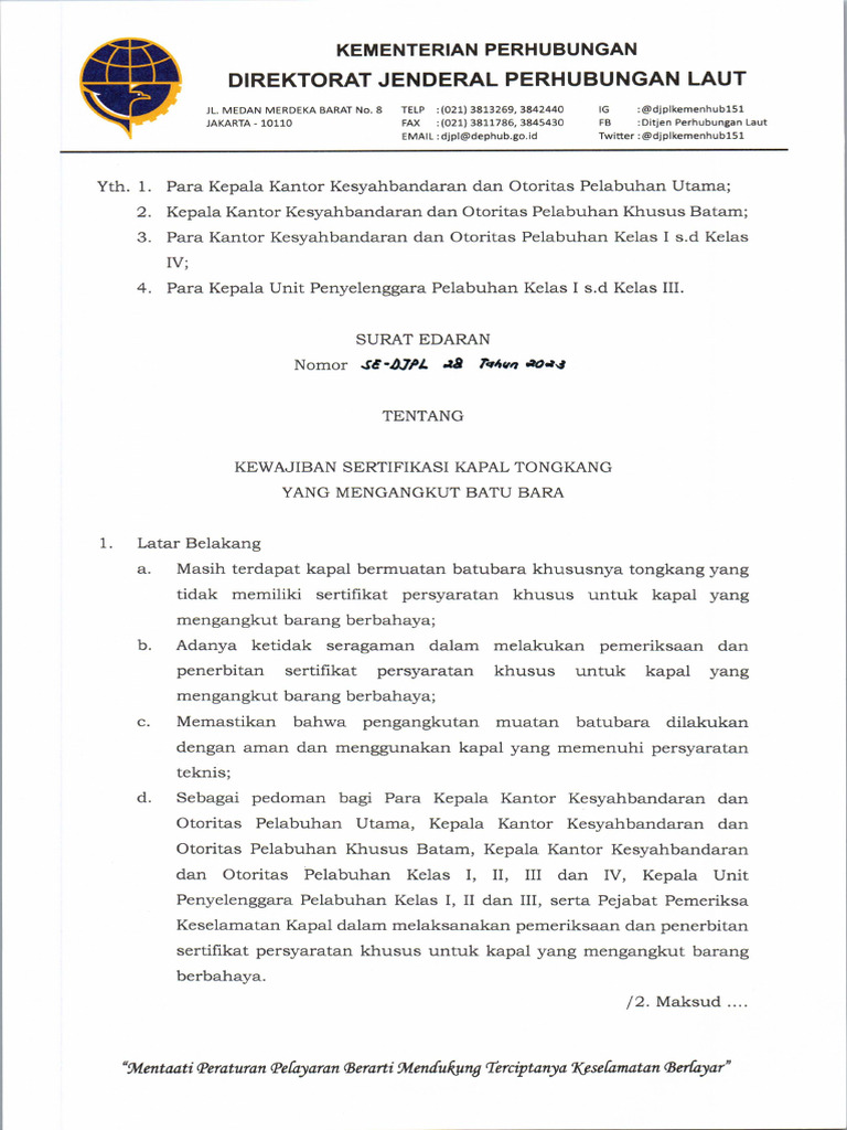 Surat Edaran Direktur Jenderal Perhubungan Laut Nomor SE-DJPL 28 Tahun 2023 Tentang Kewajiban ...