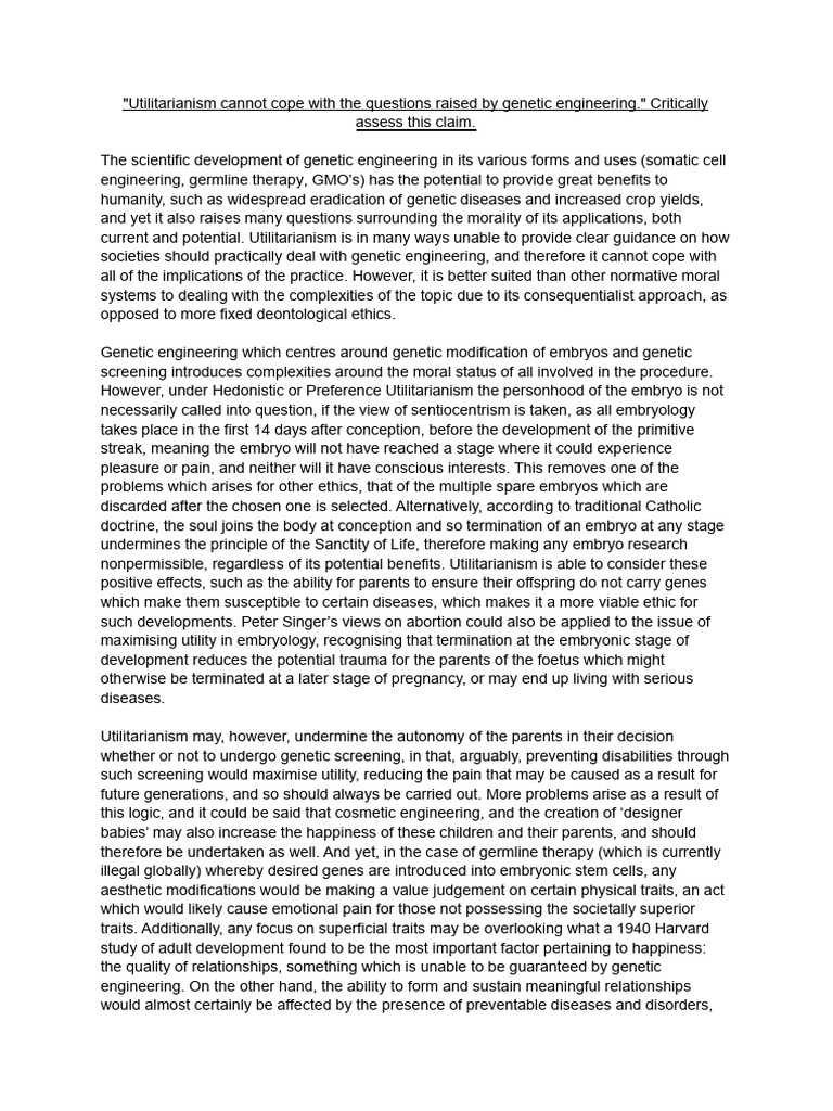 Utilitarianism and Genetic Engineering Essay | PDF | Utilitarianism | Genetic Engineering