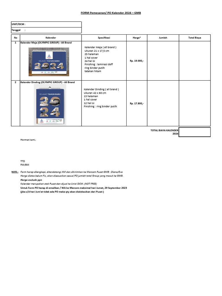 Pemesanan Kalender 2024 GMB | PDF