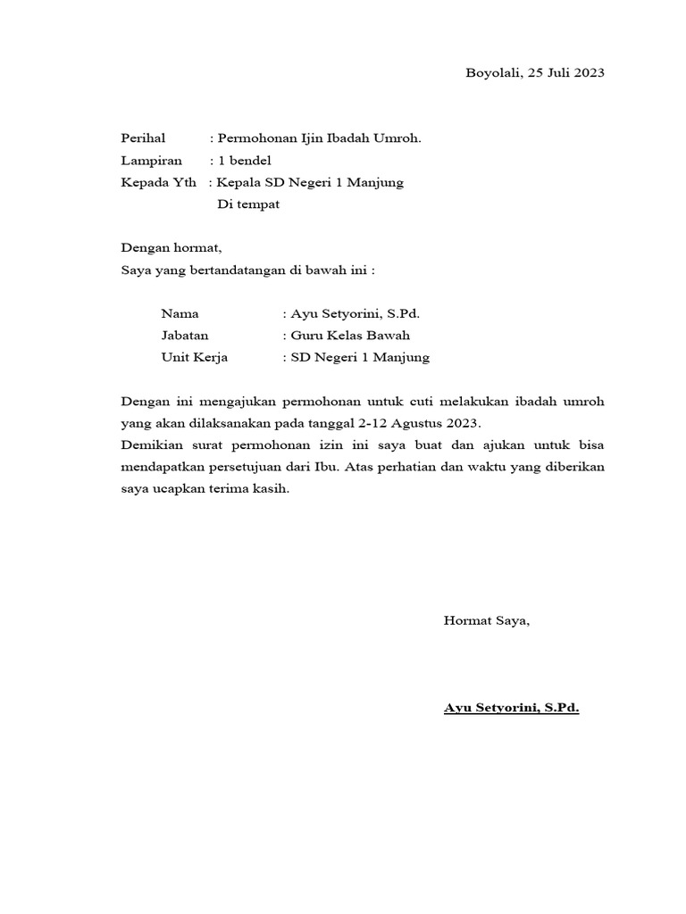Surat Permohonan Cuti Umroh Guru | PDF