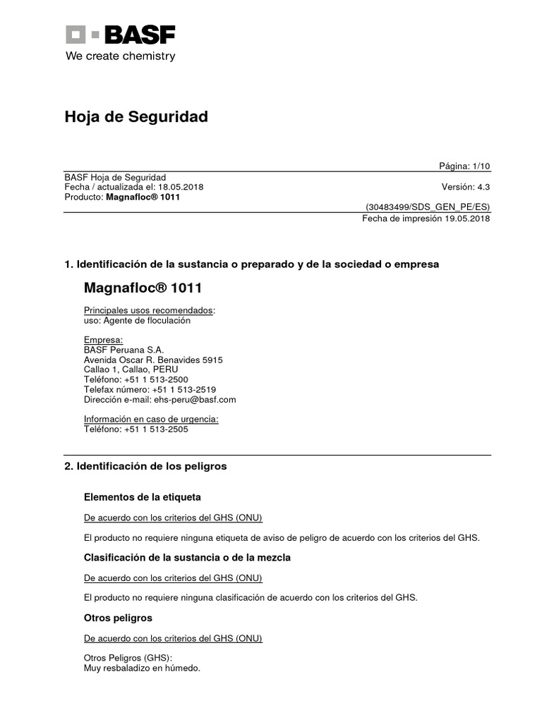 Floculante Magnafloc 1011 | PDF | Agua | Carcinógeno