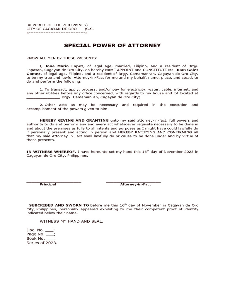Special Power of Attorney: Witness My Hand and Seal. Doc. No. - Page No ...