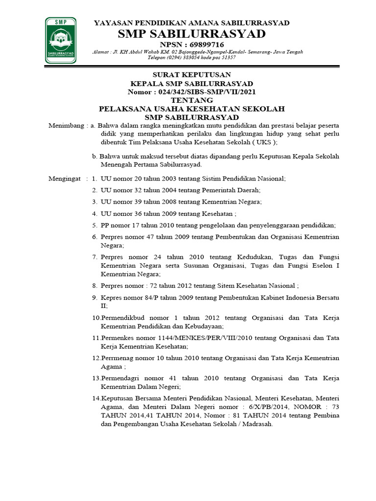 Pengangkatan Tim UKS SMP Sabilurrasyad | PDF