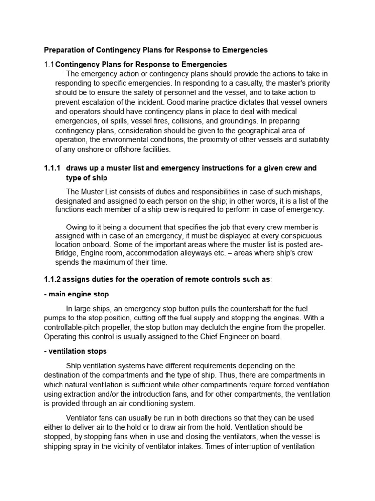 Preparation of Contingency Plans for Response to Emergencies | PDF ...