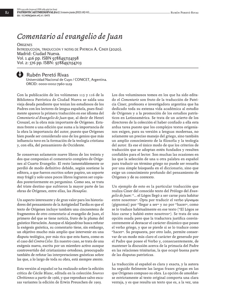 Comentario Al Evangelio de Juan de Orige | PDF | Origen | Traducciones