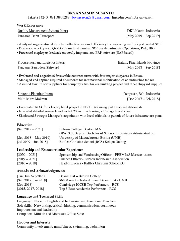 Bryan Sason Resume Des'20 | PDF | Business | Economies