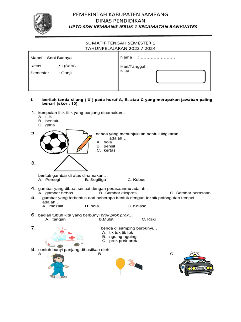 Soal STS SBDP Kelas 1 | PDF