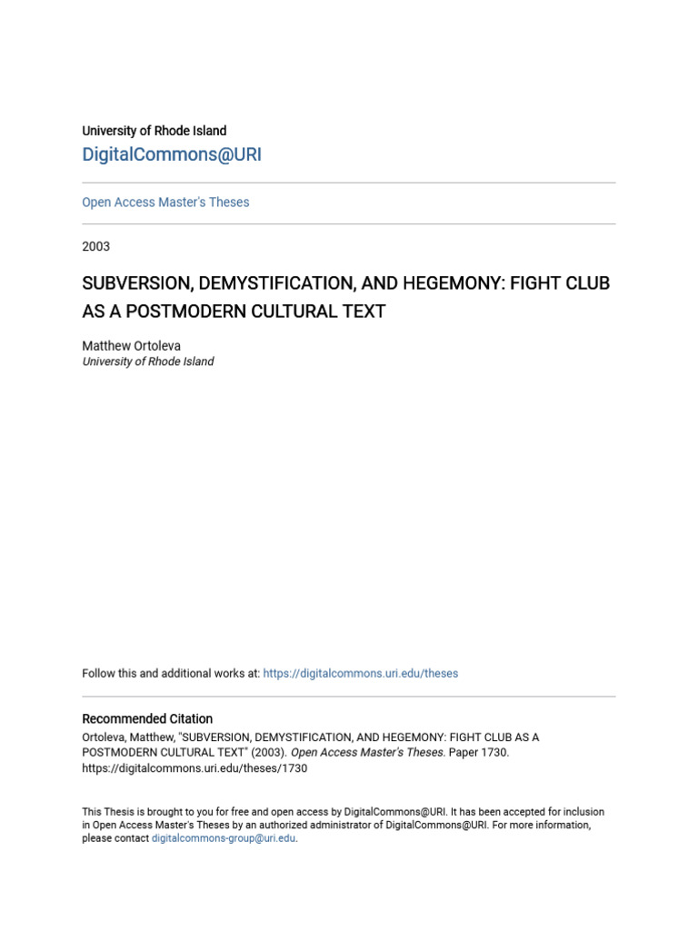 Subversion, Demystification and Hegemony - Fight Club | PDF | Postmodernism | Rhetoric